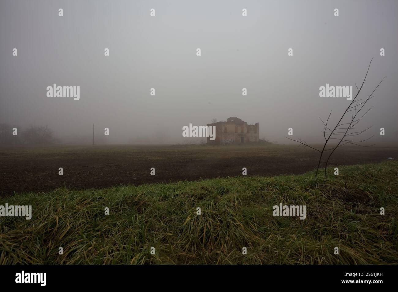 Run down country house in the middle of a field on a foggy day in the ...