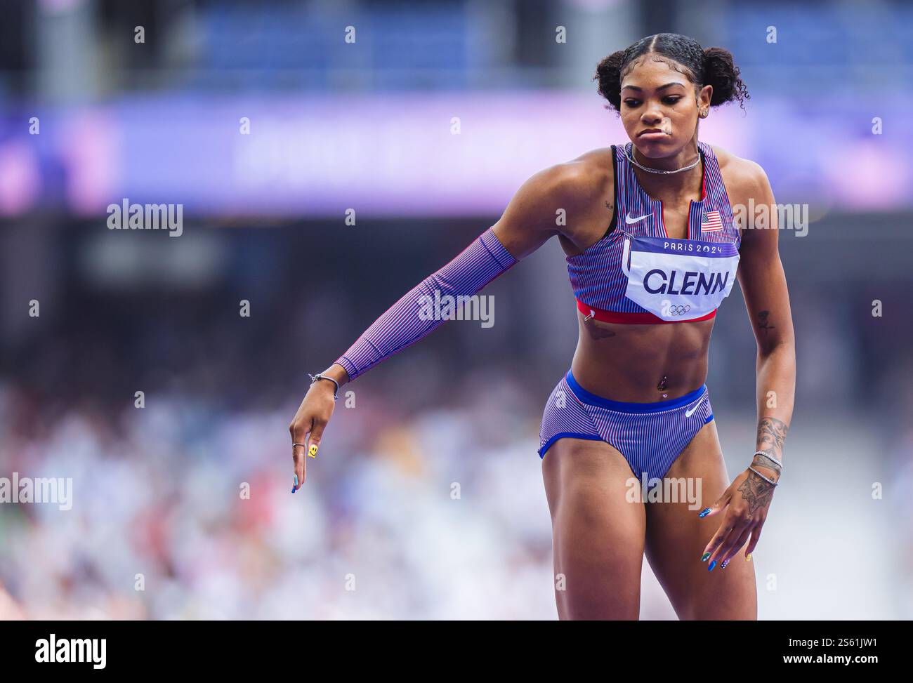 Rachel Glenn participating in the high jump at the Paris 2024 Olympic ...