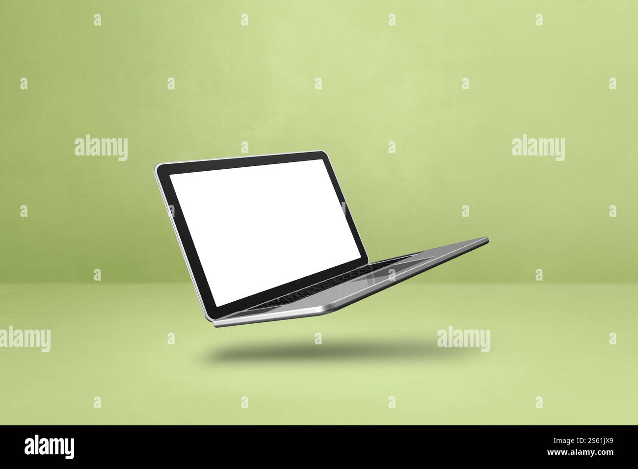 Blank computer laptop floating over a green background. 3D isolated ...