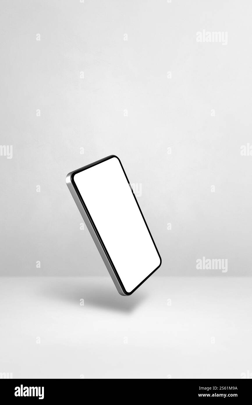 Blank smartphone floating over a white background. 3D isolated ...
