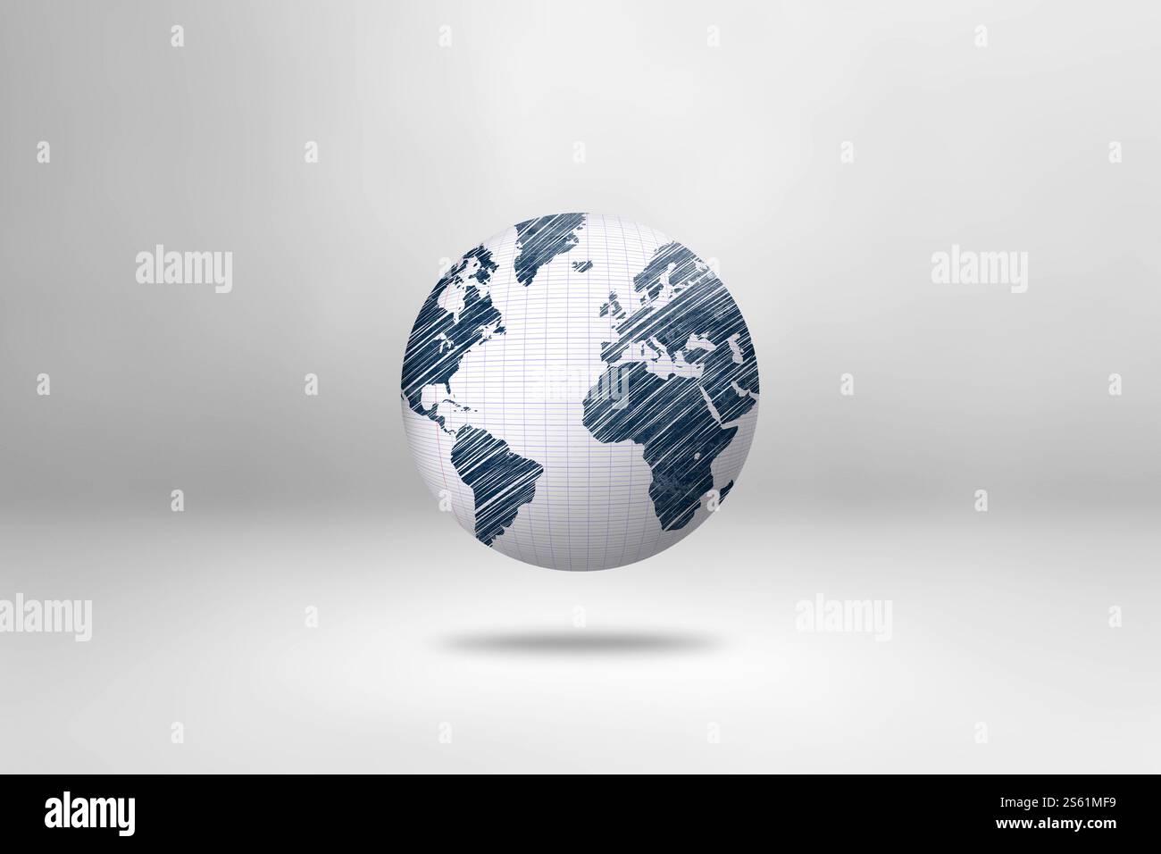 world map drawn in blue pen on school paper globe. 3D illustration ...