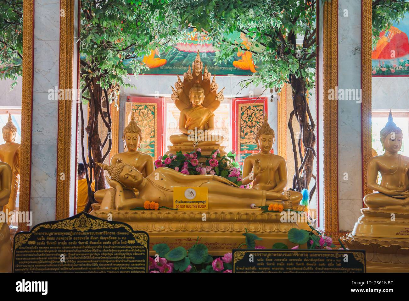 Interior of Thai Buddhist Temple with Reclining Buddha and Murals Stock ...