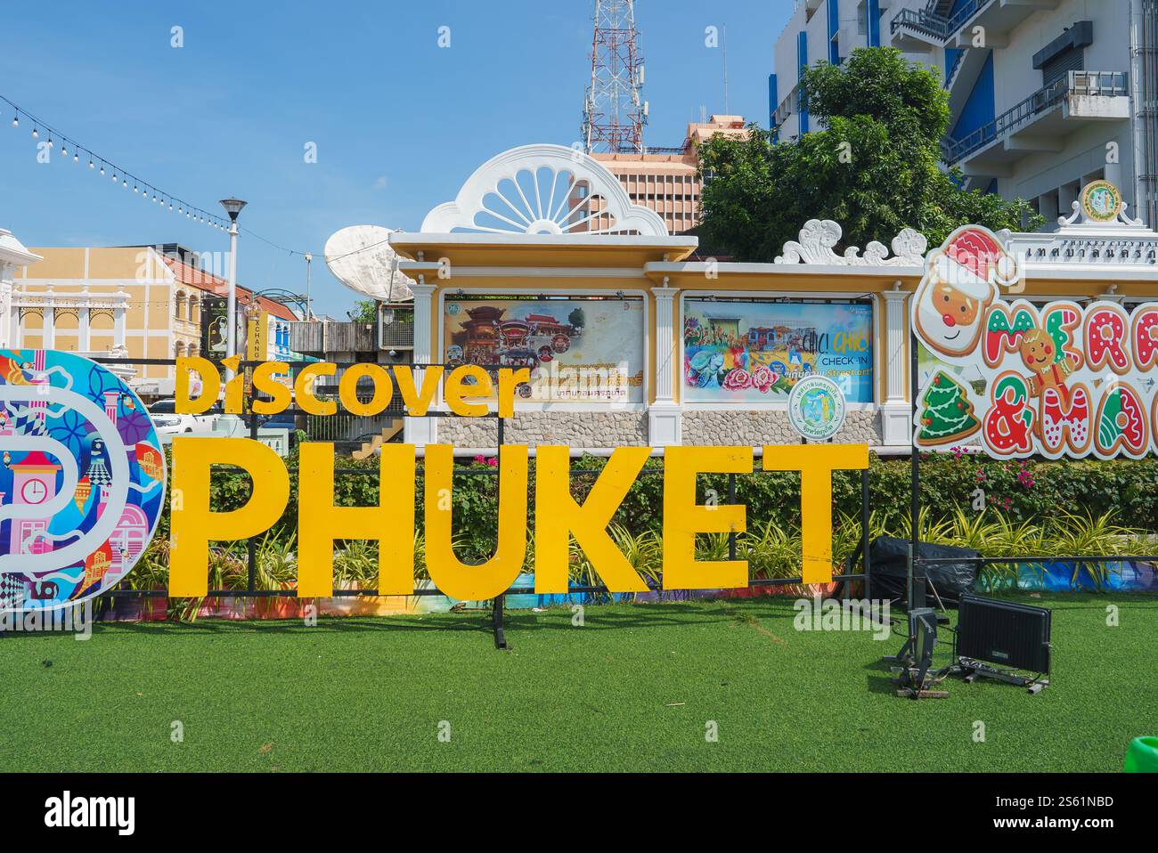 Discover Phuket Sign with Festive Decorations in Urban Setting Stock ...