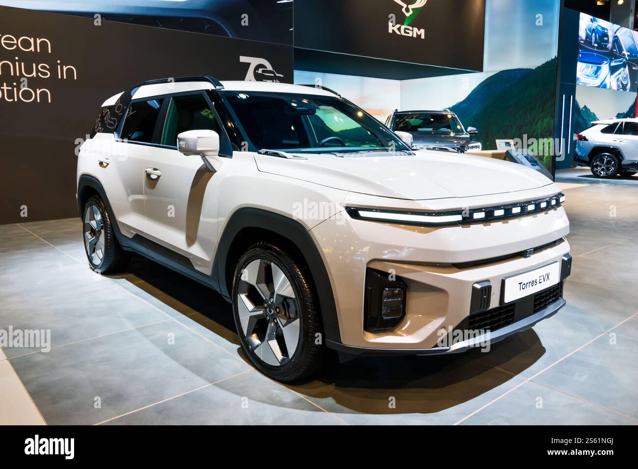 KGM Torres EVX (2024) electric SUV car at the Brussels Motor Show. Brussels, Belgium - January ...
