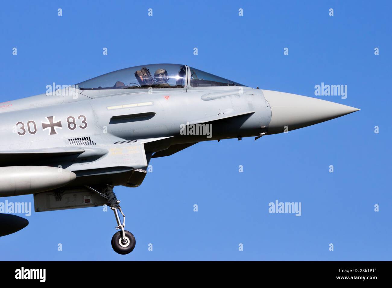 German Air Force EF-2000 Eurofighter Typhoon fighter jet on final approach. Leeuwarden, The ...