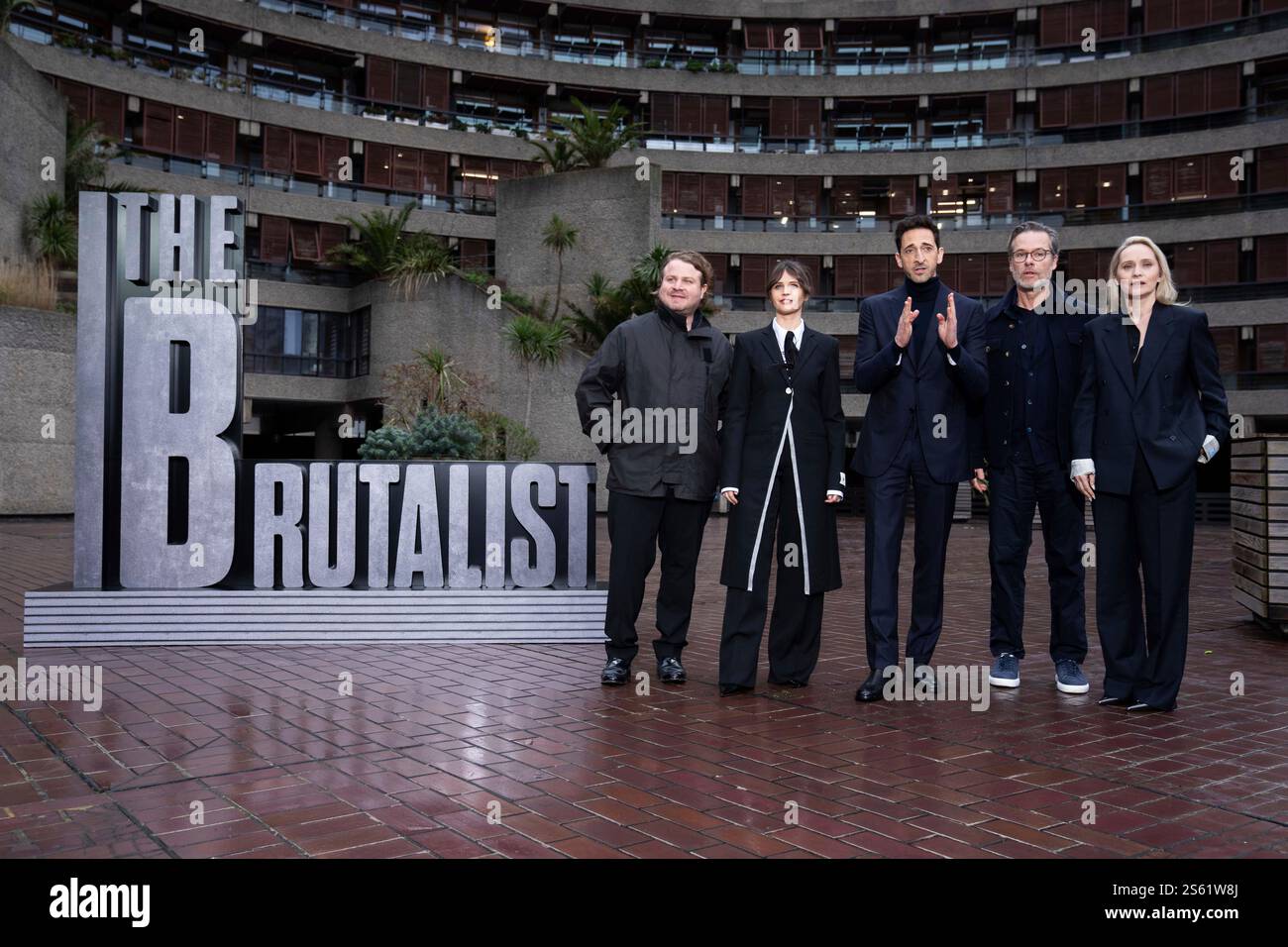 Director Brady Corbet, from left, Felicity Jones, Adrien Brody, Guy Pearce and writer Mona ...