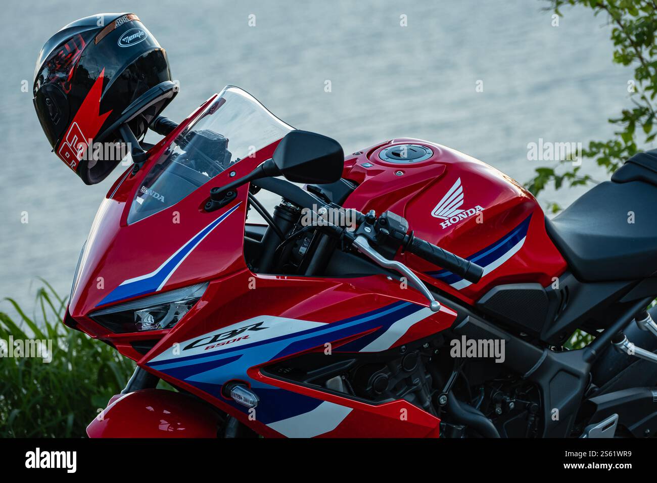Close up of Red Honda Super Sport Motorcycle. A close up of a new Honda ...