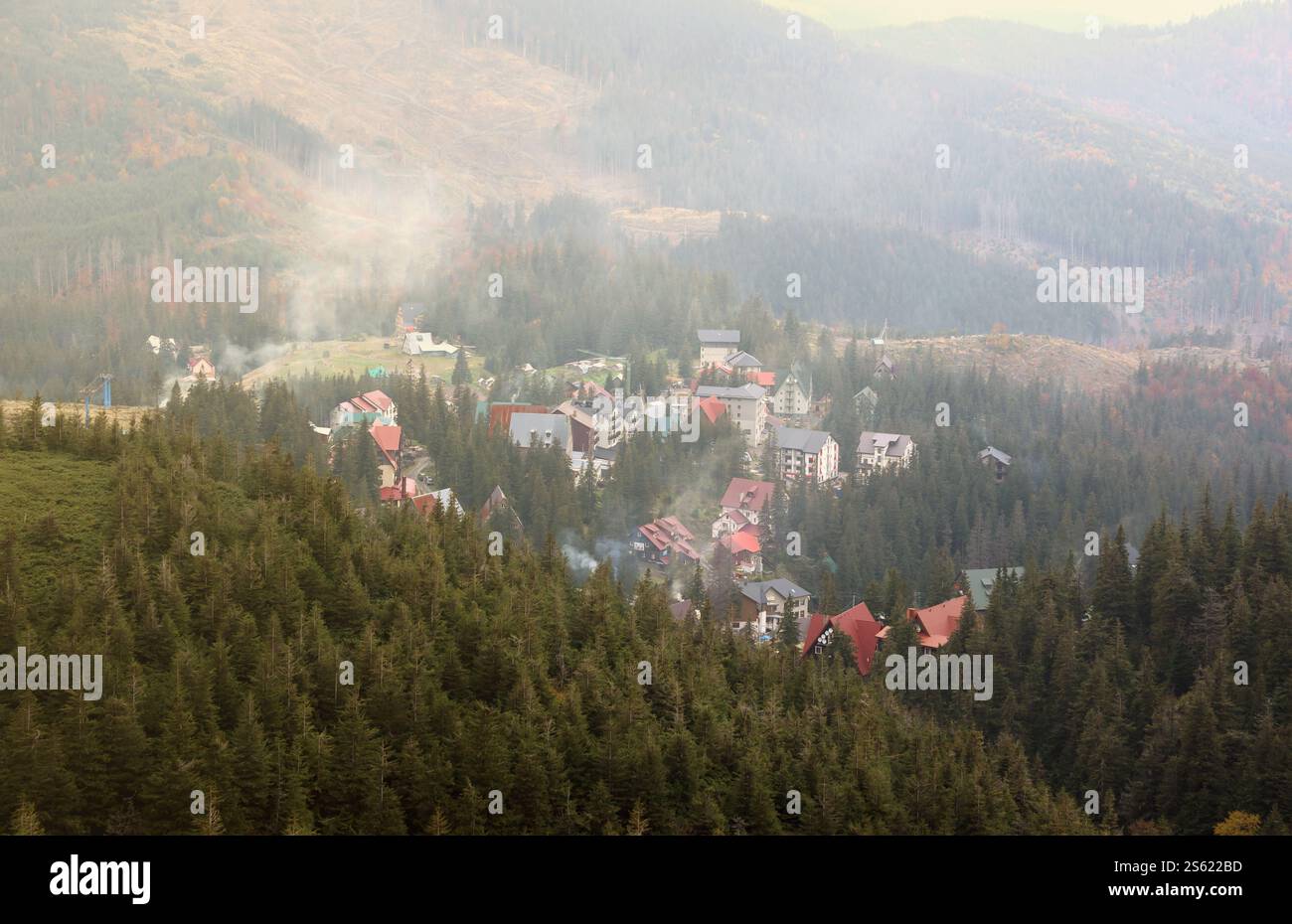 Morning view of residental area and houses around the Dragobrat ...