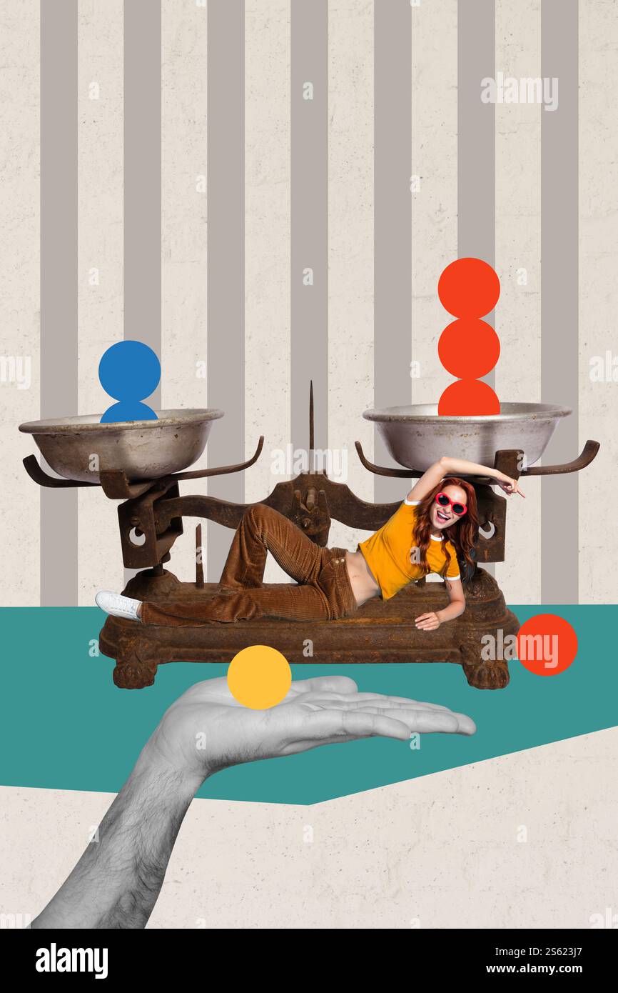 Vertical sketch 3d artwork collage poster of happy cool girl wear sunglass point scales ball ...