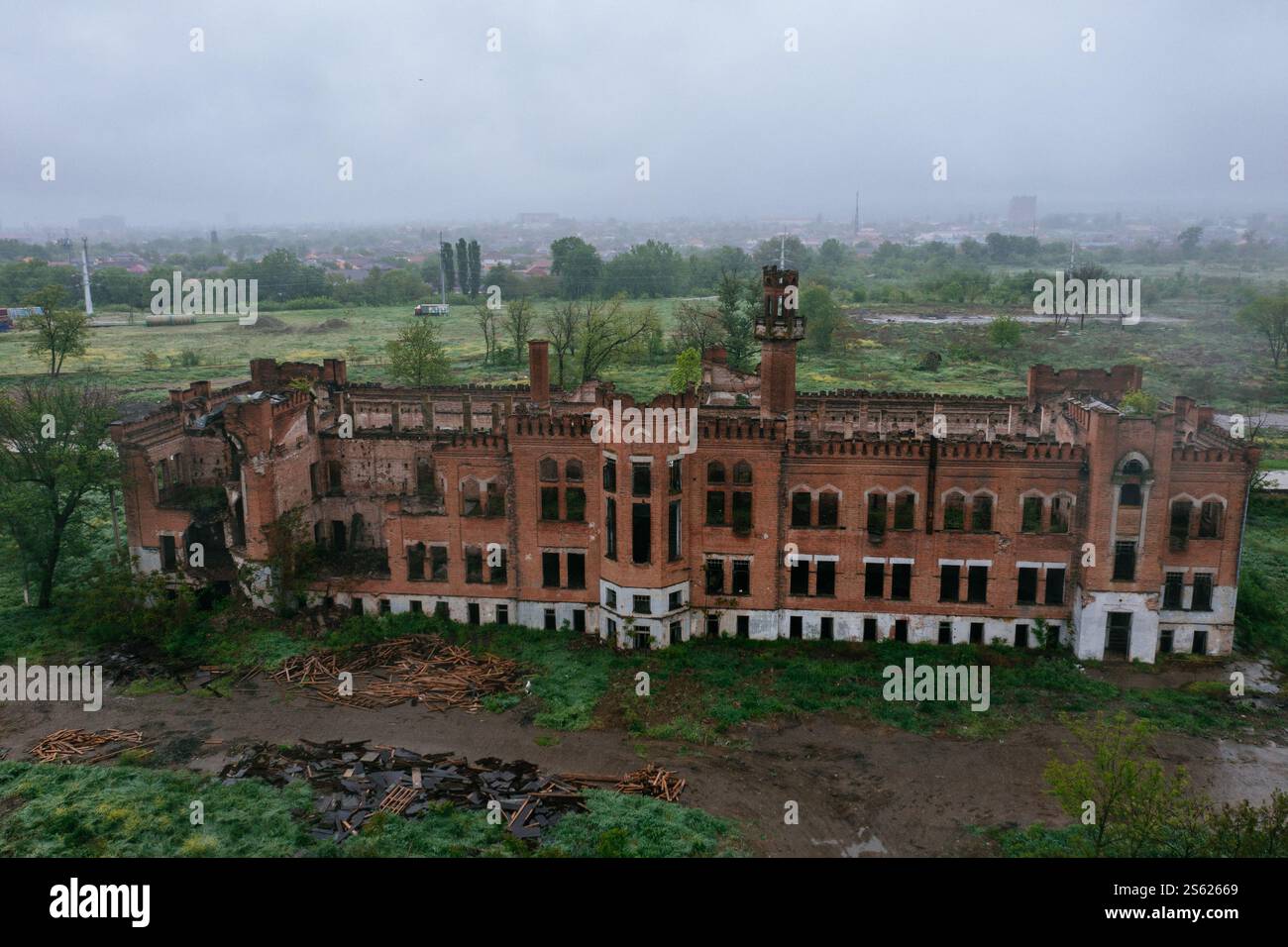 Old ruined historical building of the Grozny Oil Research Institute ...