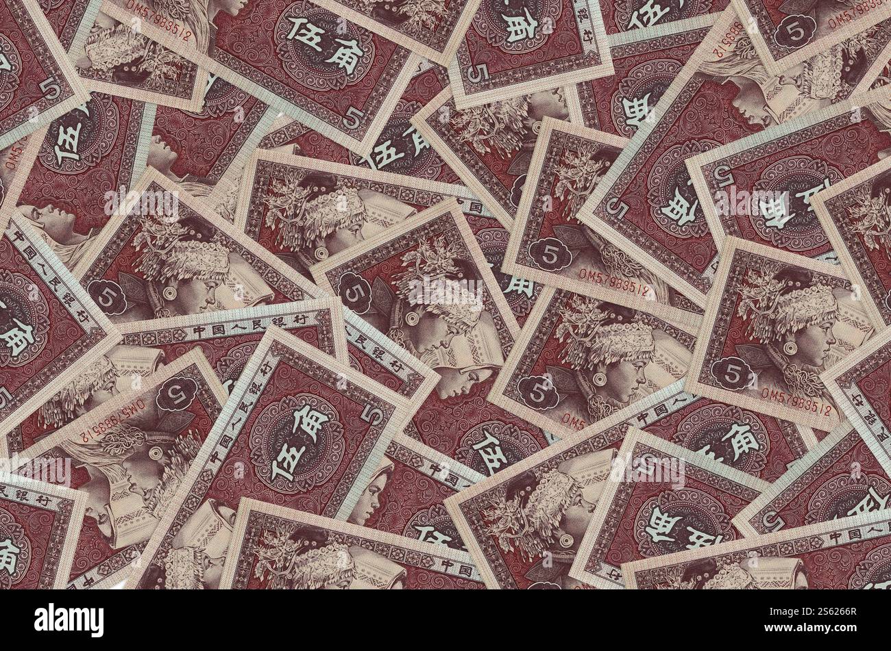 5 Chinese yuan bills lies in big pile. Rich life conceptual background ...