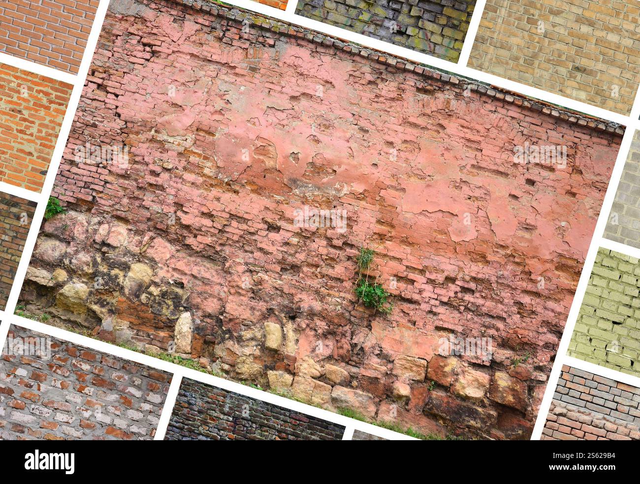 A collage of many pictures with fragments of brick walls of different ...
