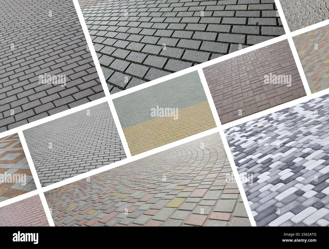 A collage of many pictures with fragments of paving tiles close-up. Set ...