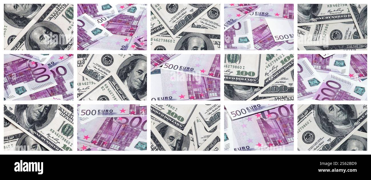 A collage of many images of euro banknotes in denominations of 100 and ...