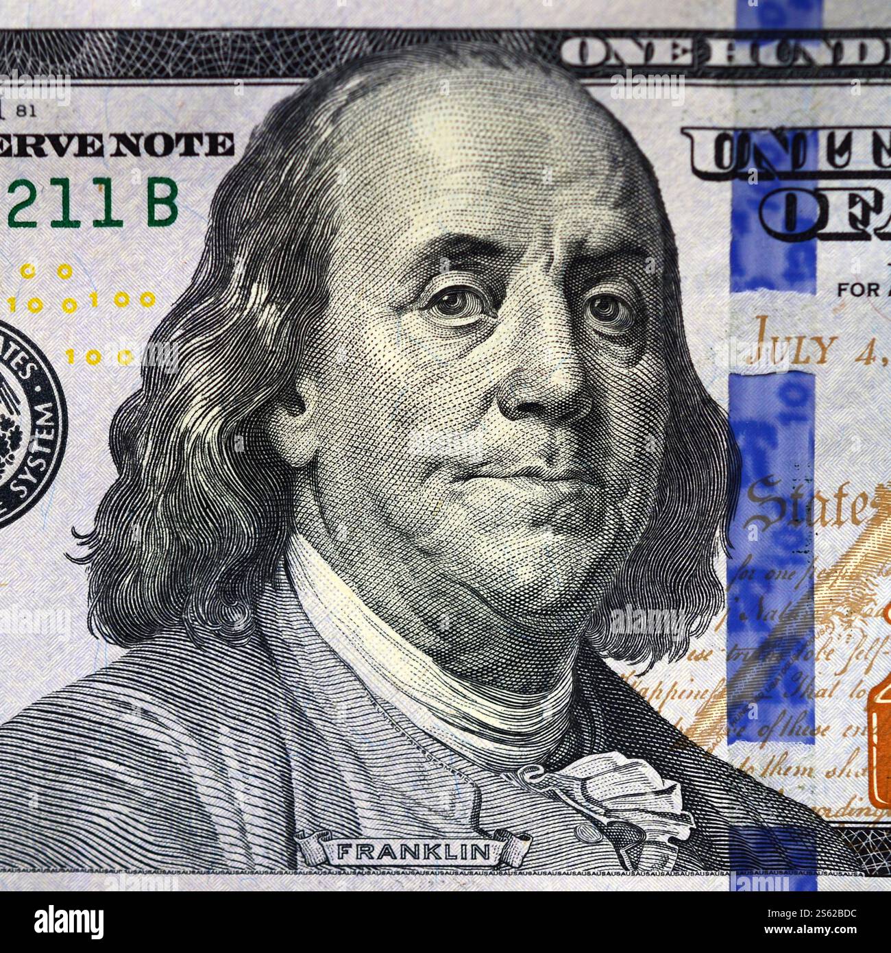 Macro shot. Hundred US dollar bill close up. Macro shot. Hundred US ...