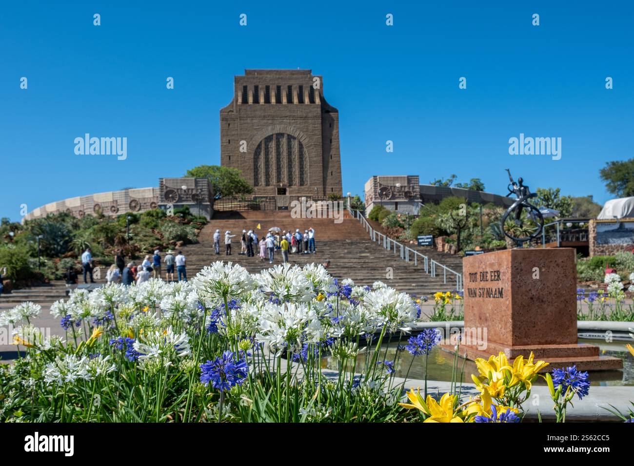 Voortrekker Monument front view against blue sky. Memorial building ...