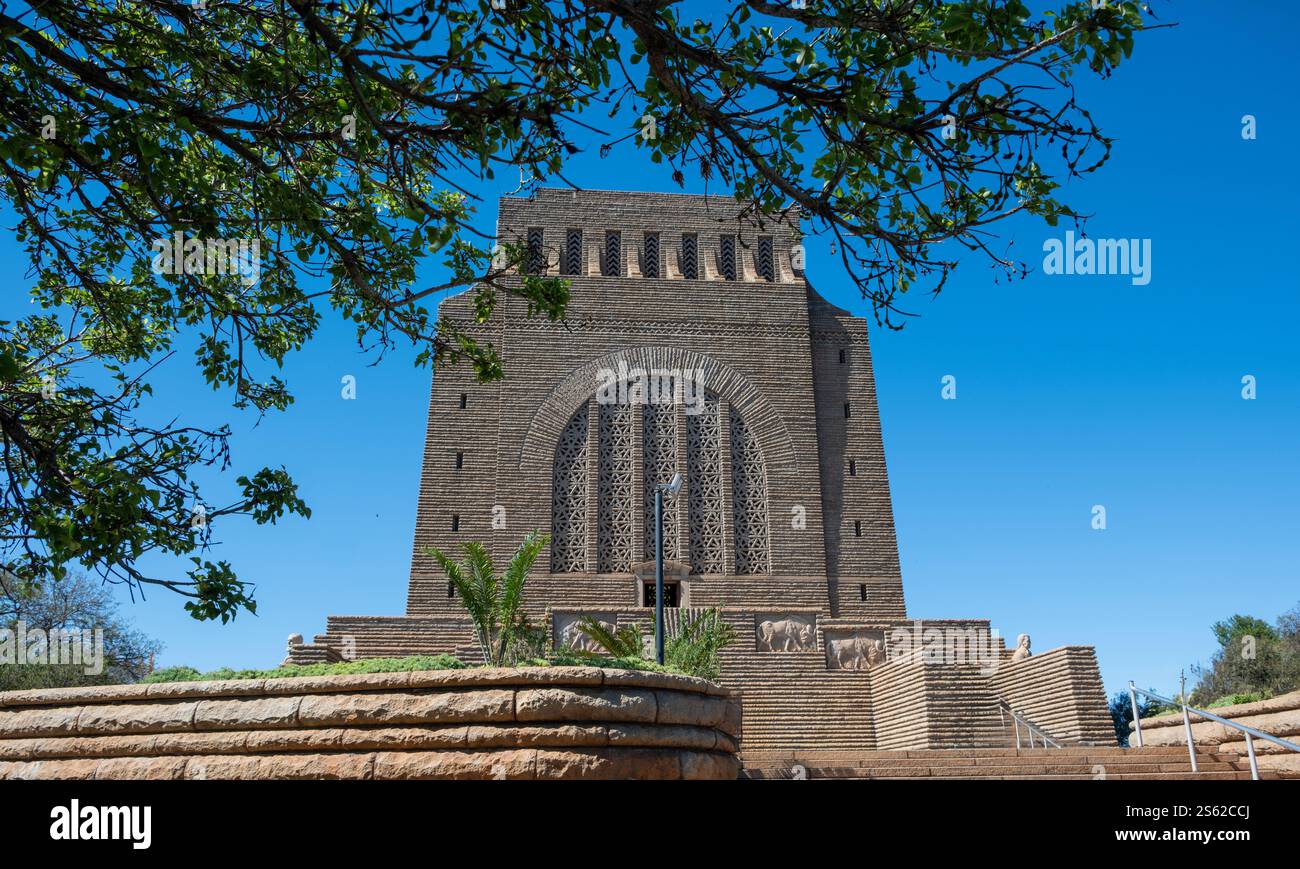 Voortrekker Monument front view against blue sky. Memorial building ...