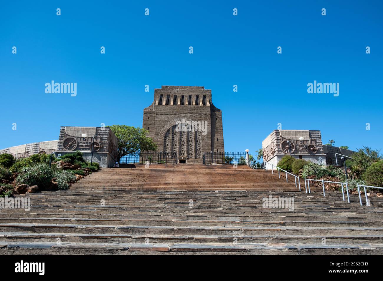 Voortrekker Monument front view against blue sky. Memorial building ...
