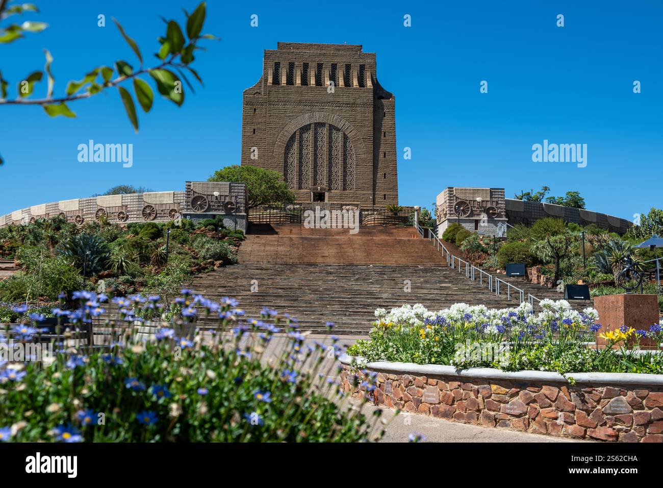 Voortrekker Monument front view against blue sky. Memorial building ...