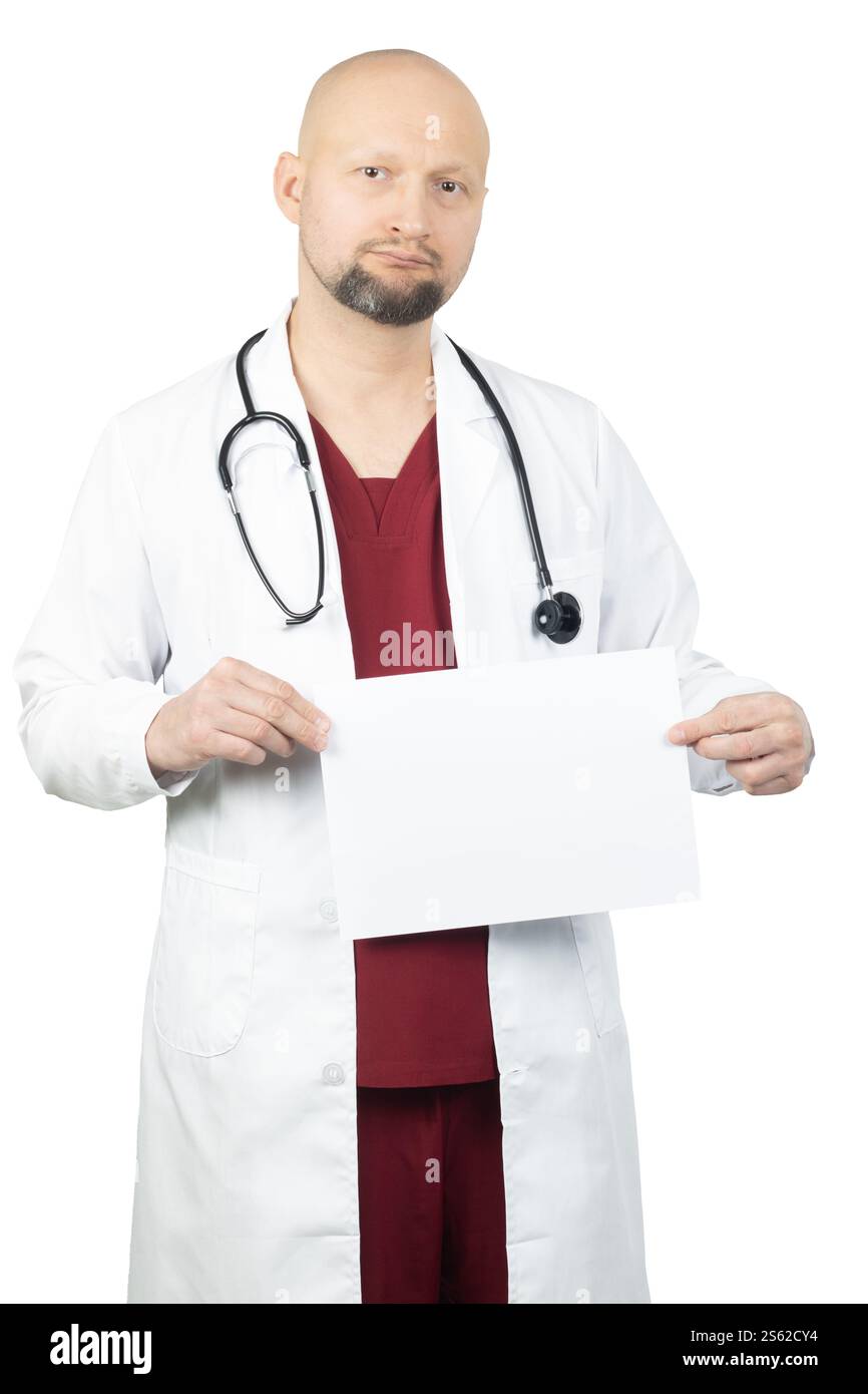 A bald male doctor in a white lab coat and stethoscope stands against a ...