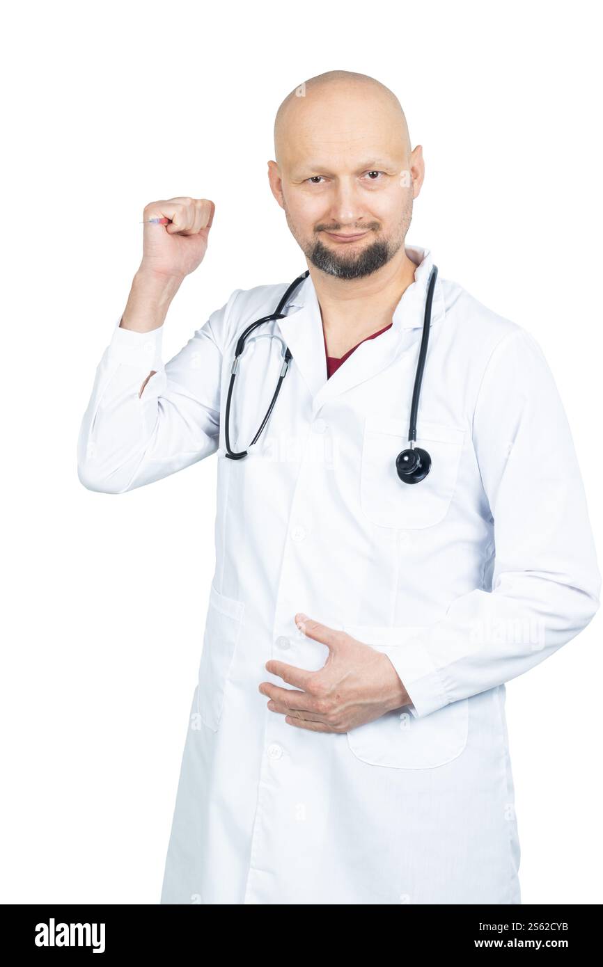A bald male doctor in a white lab coat with a stethoscope around his ...
