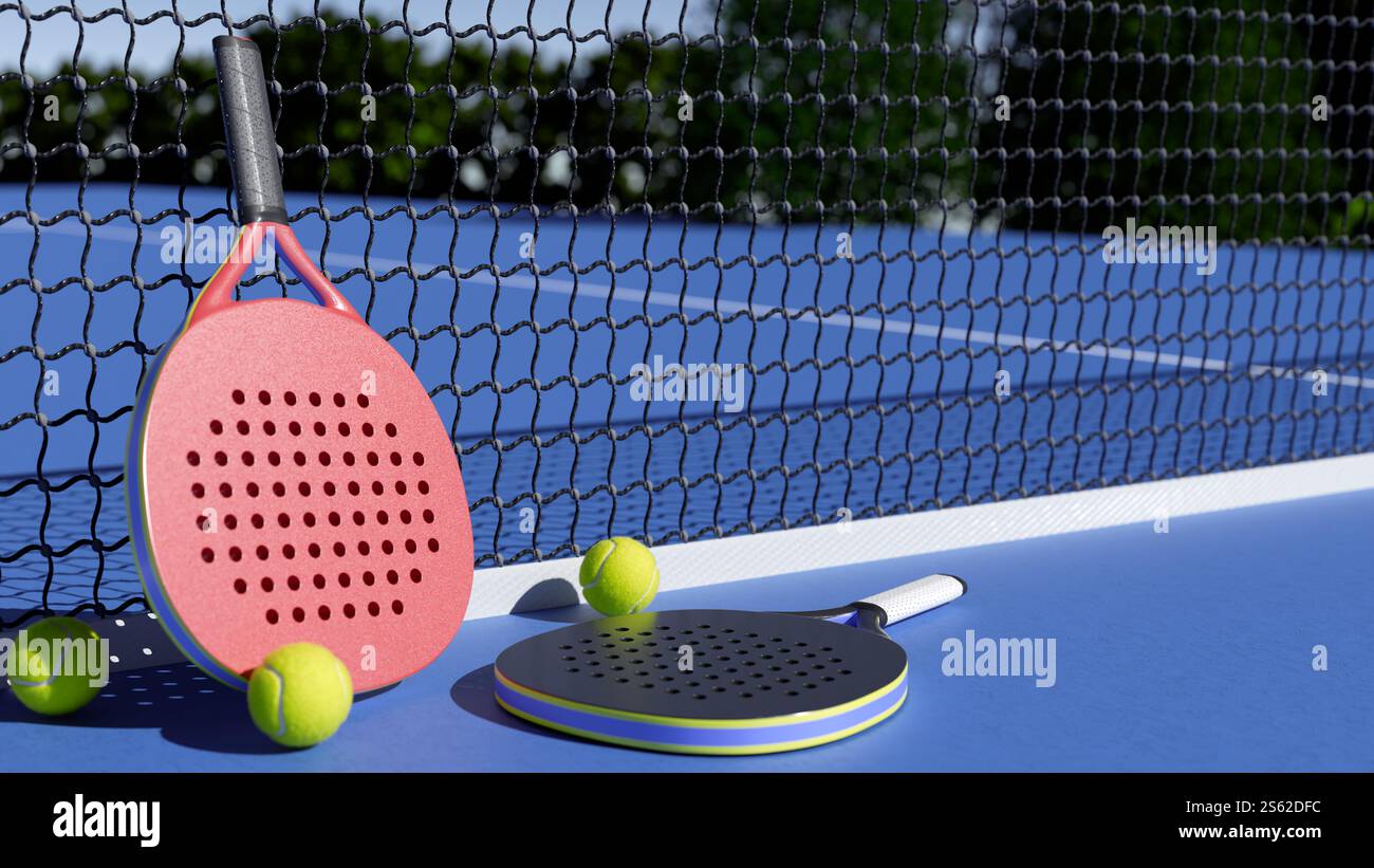 Sports equipment on blue court, with rackets and balls for playing ...