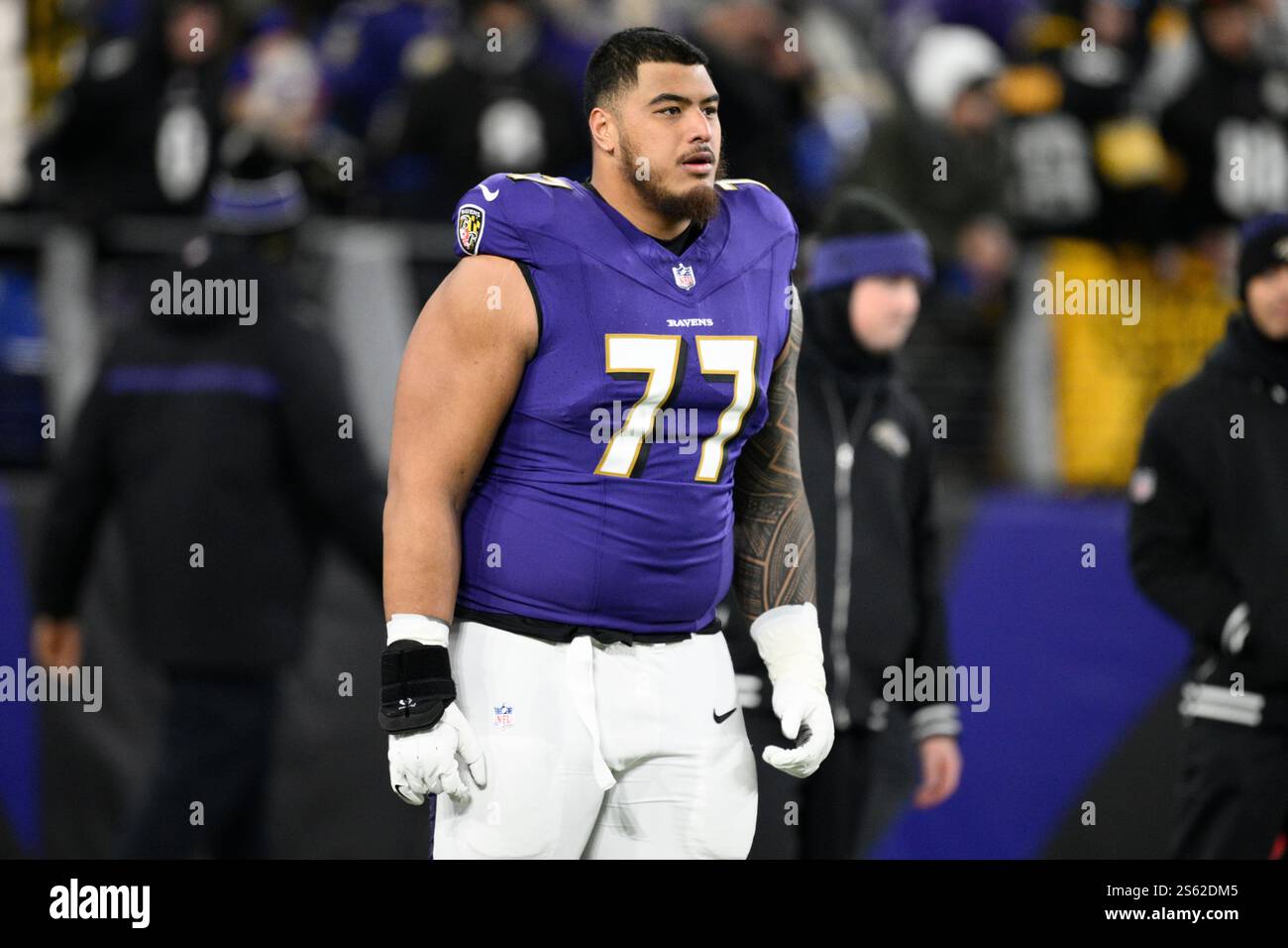 Baltimore Ravens offensive tackle Daniel Faalele (77) works out before ...