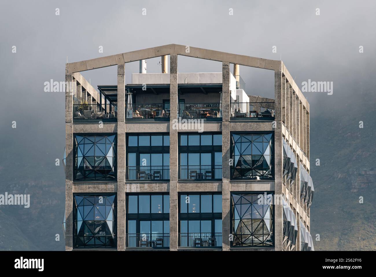 Contemporary, industrial style building, close-up shot upper levels ...