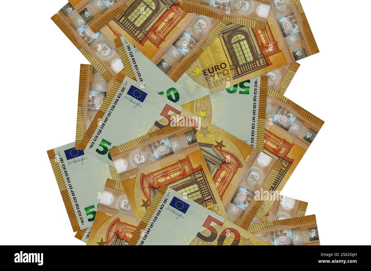 50 euro bills flying down isolated on white. Many banknotes falling ...