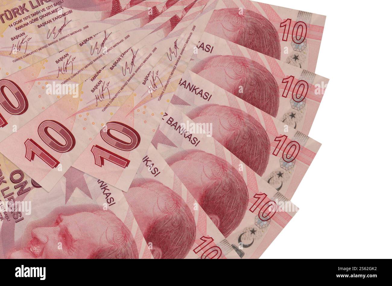 10 Turkish liras bills lies isolated on white background with copy ...