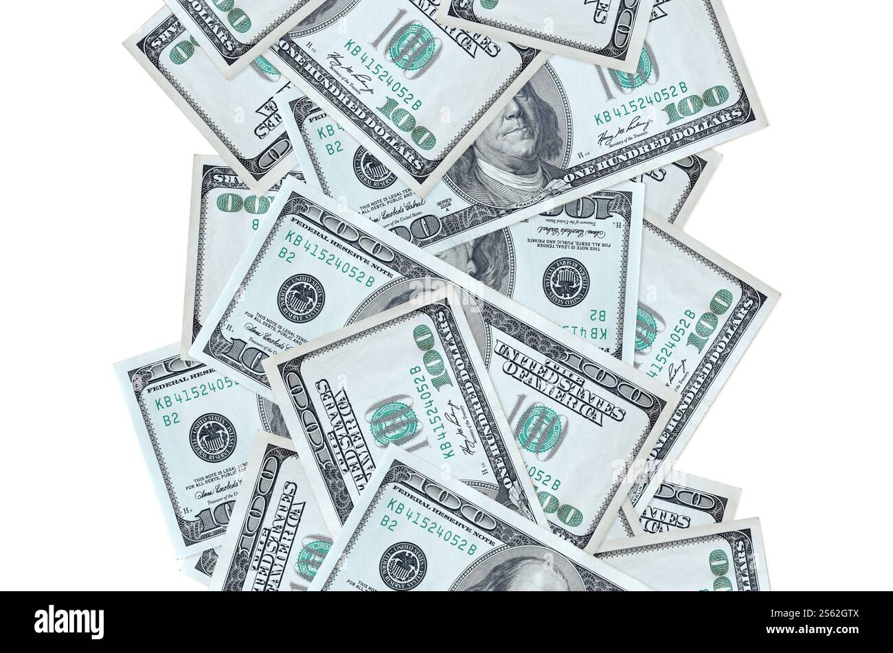 100 US dollars bills flying down isolated on white. Many banknotes ...