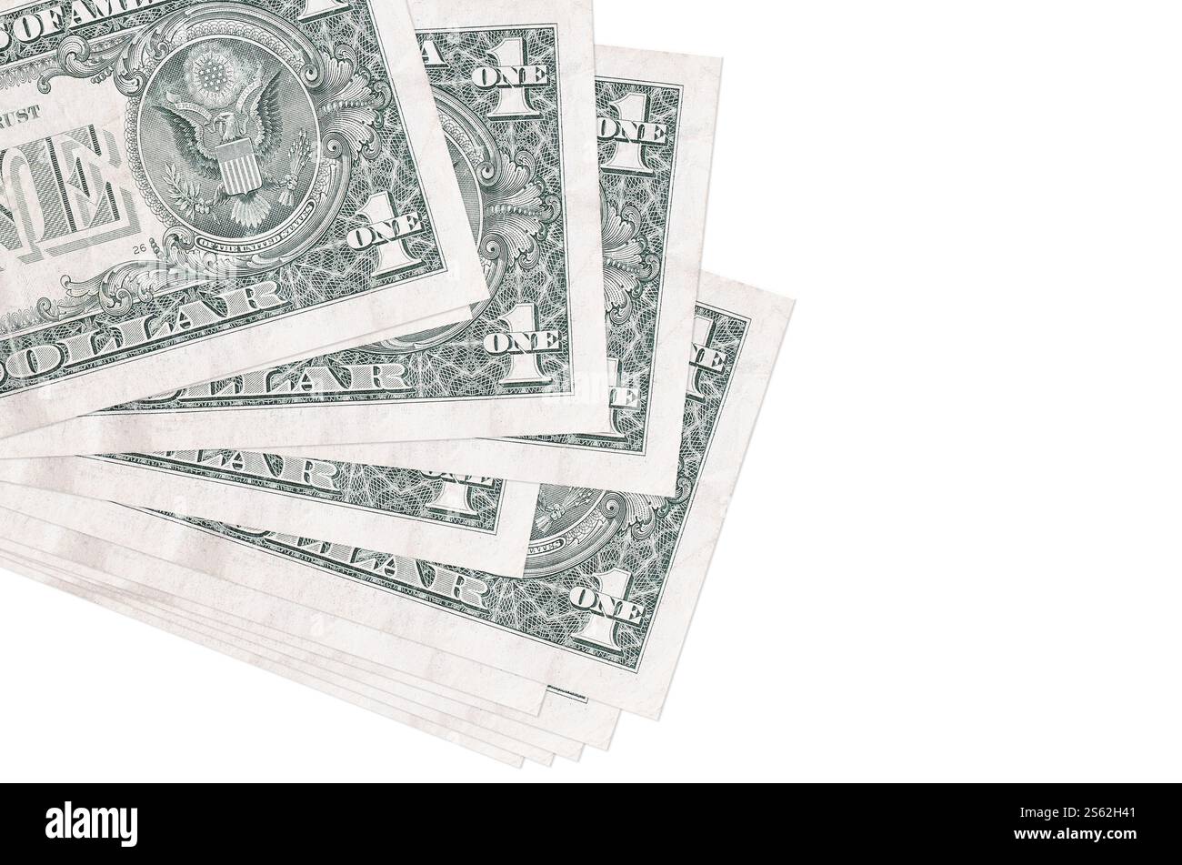 1 US dollar bills lies in small bunch or pack isolated on white. Mockup ...