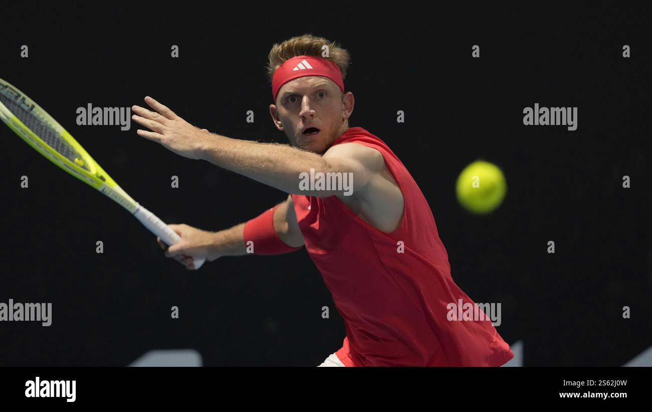 Alejandro Davidovich Fokina of Spain plays a forehand return to Felix Auger-Aliassime of Canada ...
