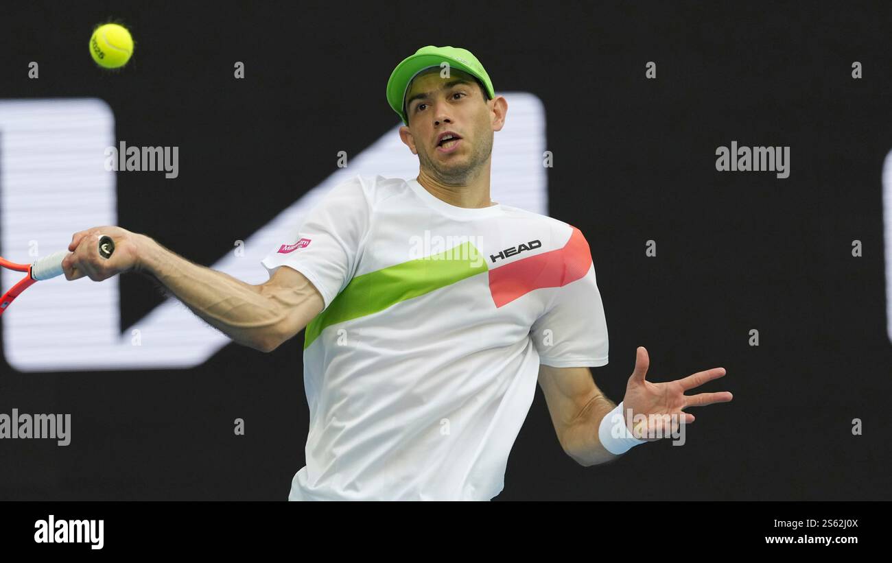 Nuno Borges of Portugal plays a forehand return to Jordan Thompson of ...