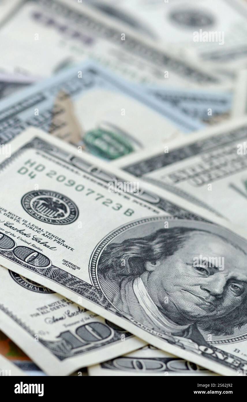 Background of 100 dollar bills. Abstract textured backdrop with many ...