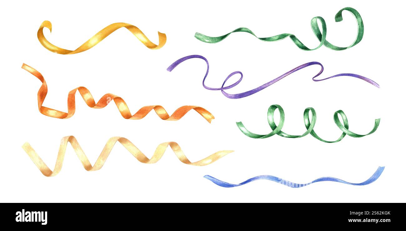 Set of colored curly ribbons clip art watercolor illustration. Blue ...