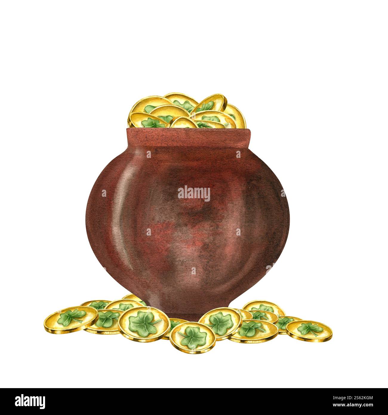 Watercolor leprechaun pot of gold coins illustration isolated ...