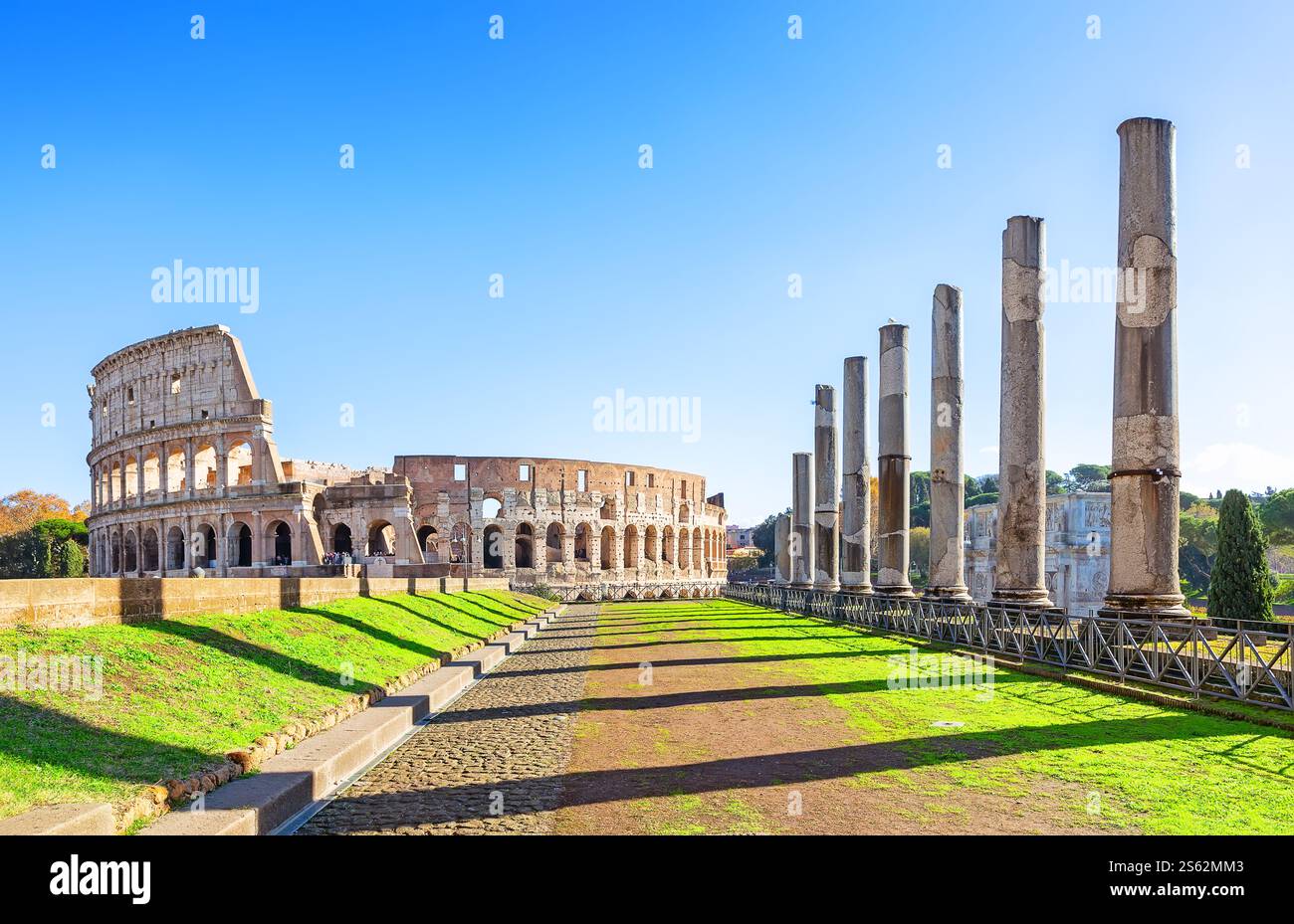 Road to Colosseum from Roman Forum in Rome, Italy. Ancient Roman ruins ...