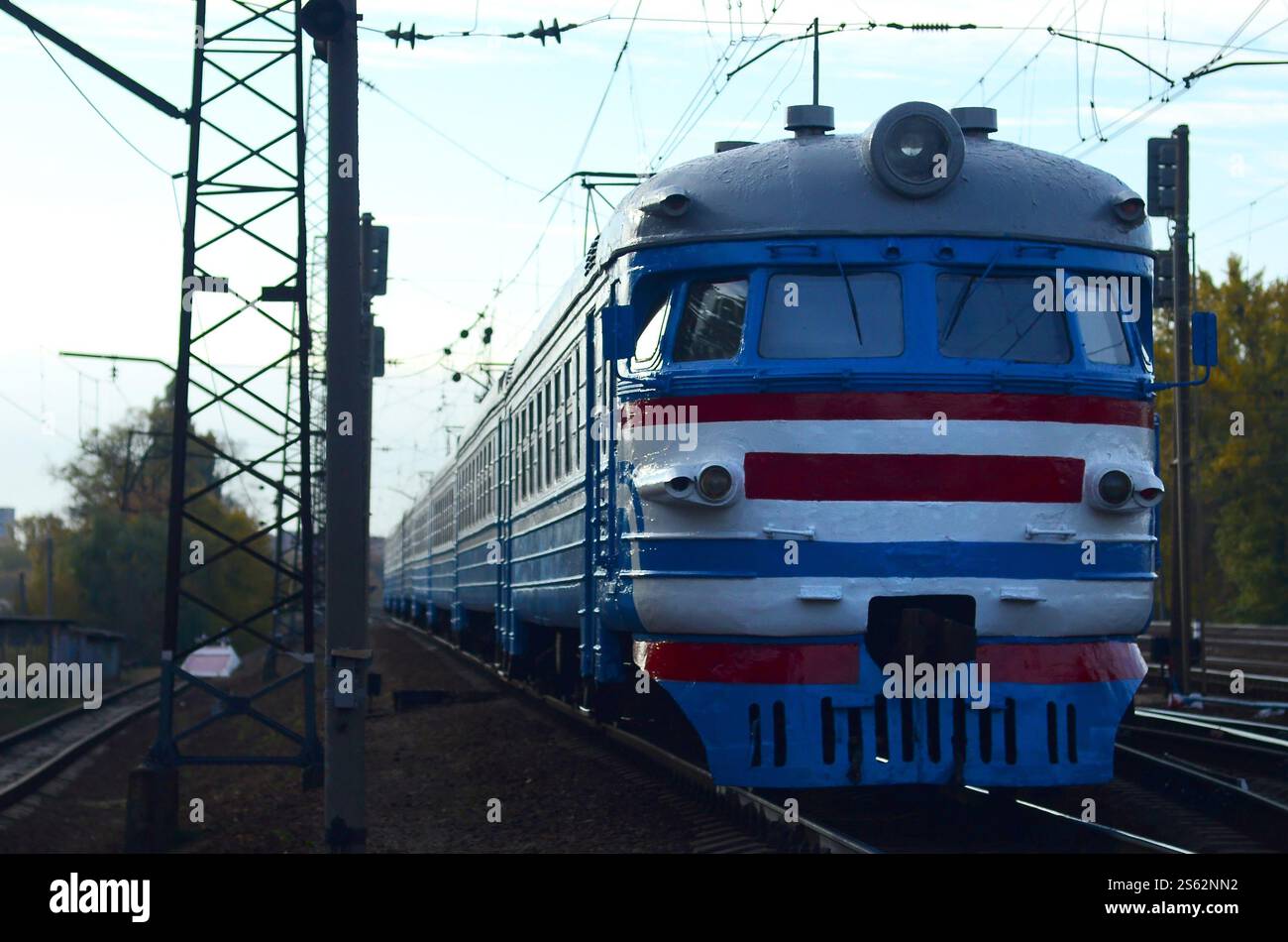 Suburban electric train. Old soviet electric train with outdated design ...
