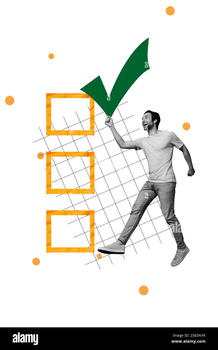 Vertical poster image collage of happy man hold check mark sign ballot ...
