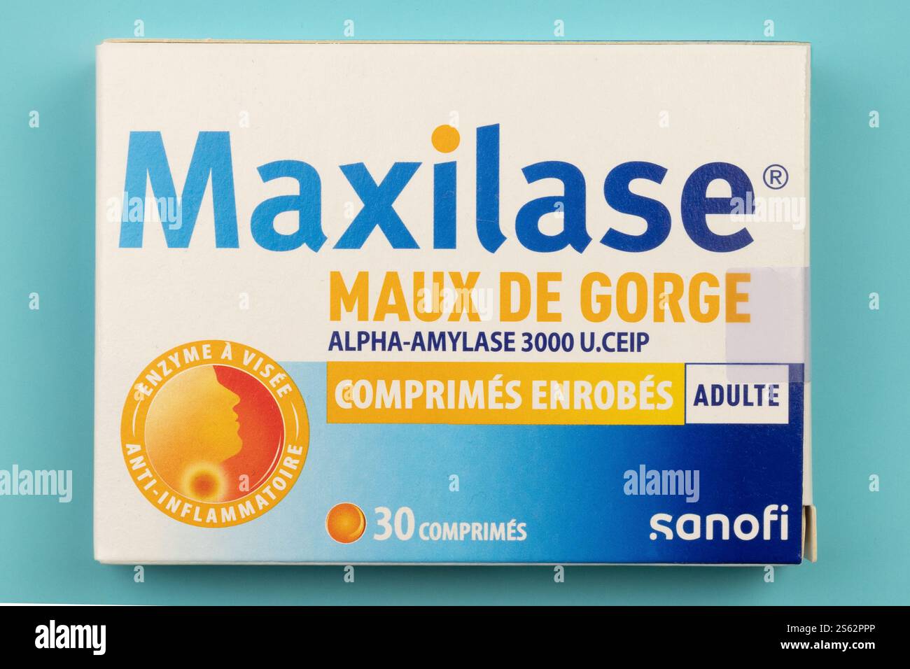 box of Maxilase brand sore throat tablets from Sanofi laboratories ...
