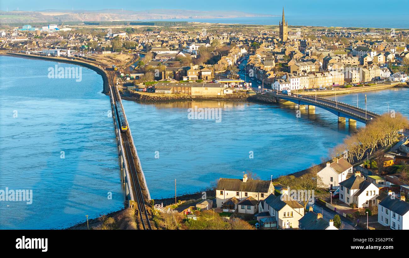 Montrose Angus Scotland the A92 road bridge and a ScotRail train on the ...