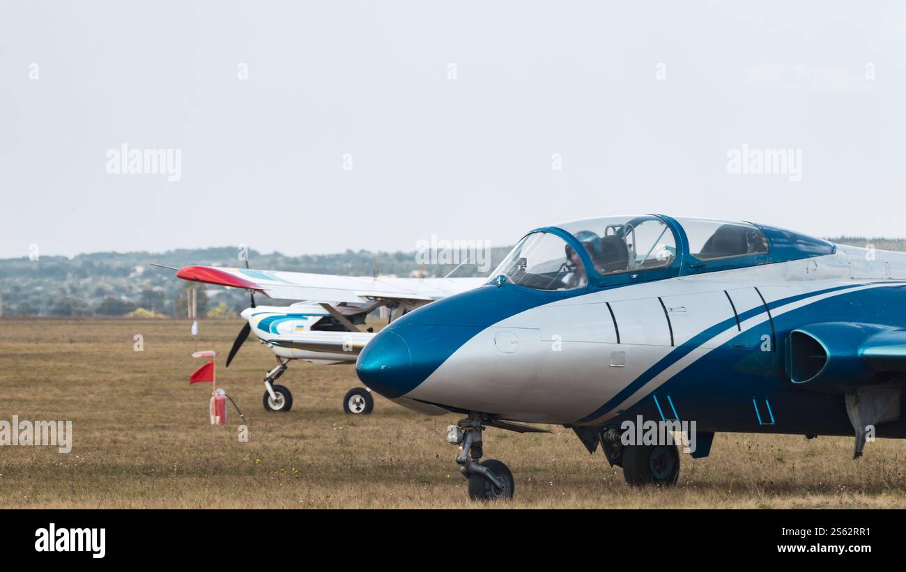 Aero L-29 Delfín jet plane on grass field close-up on aviation show ...