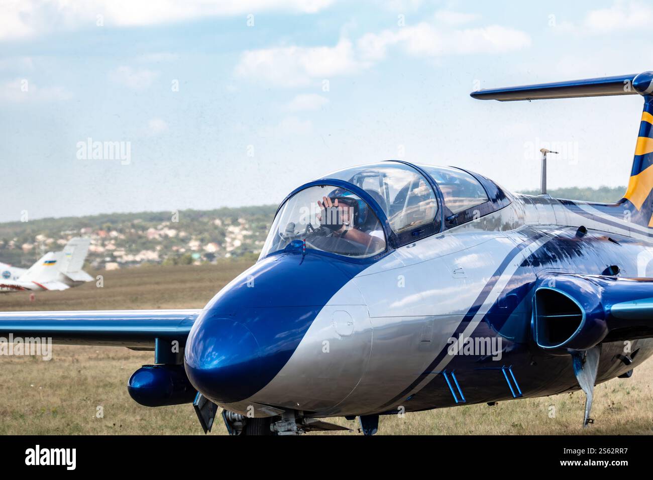 Aero L-29 Delfín jet plane close-up on runway field of aviation show ...