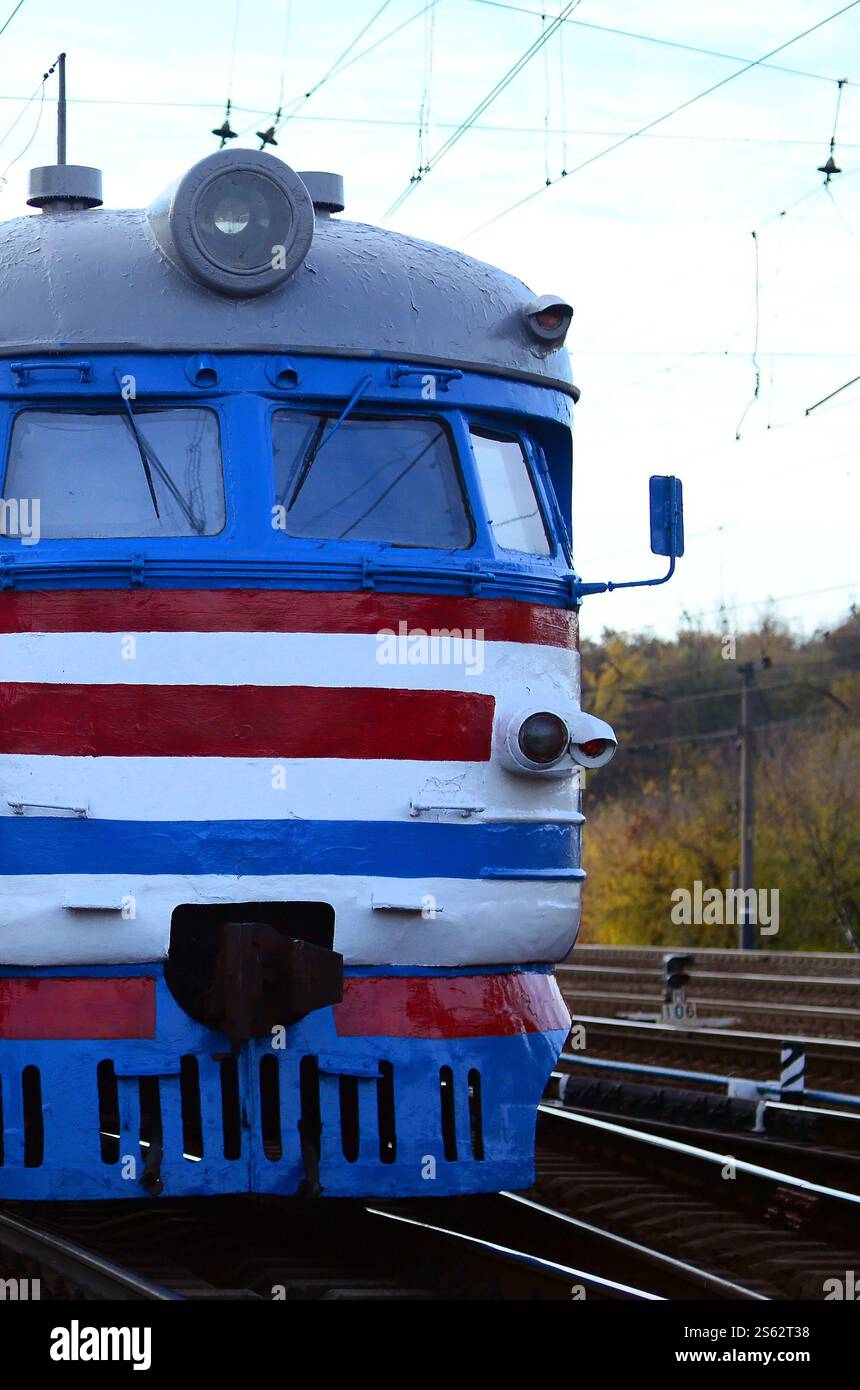 Suburban electric train. Old soviet electric train with outdated design ...