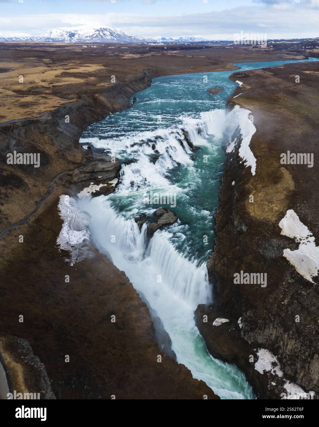 Aerial view of Gullfoss waterfall cascading through a canyon in south ...