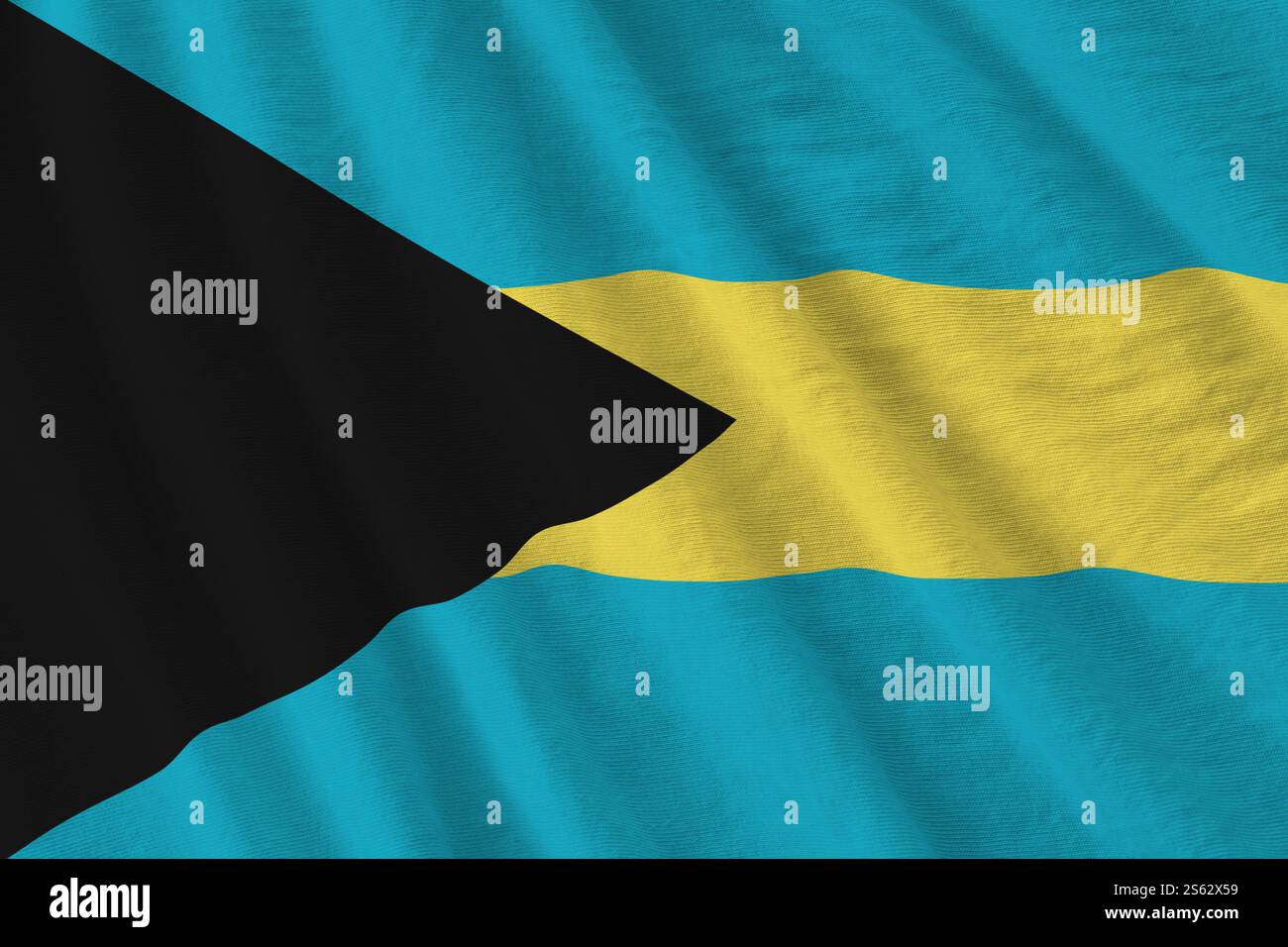 Bahamas flag with big folds waving close up under the studio light ...