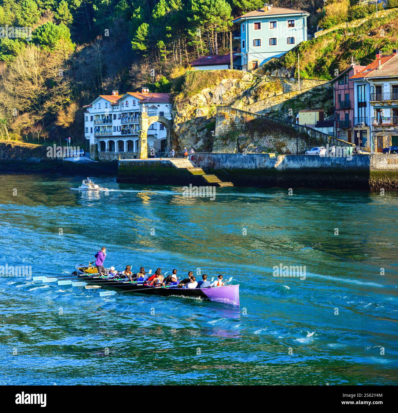 A rowing team in a Trainera glides through the waters of Pasaia harbor ...