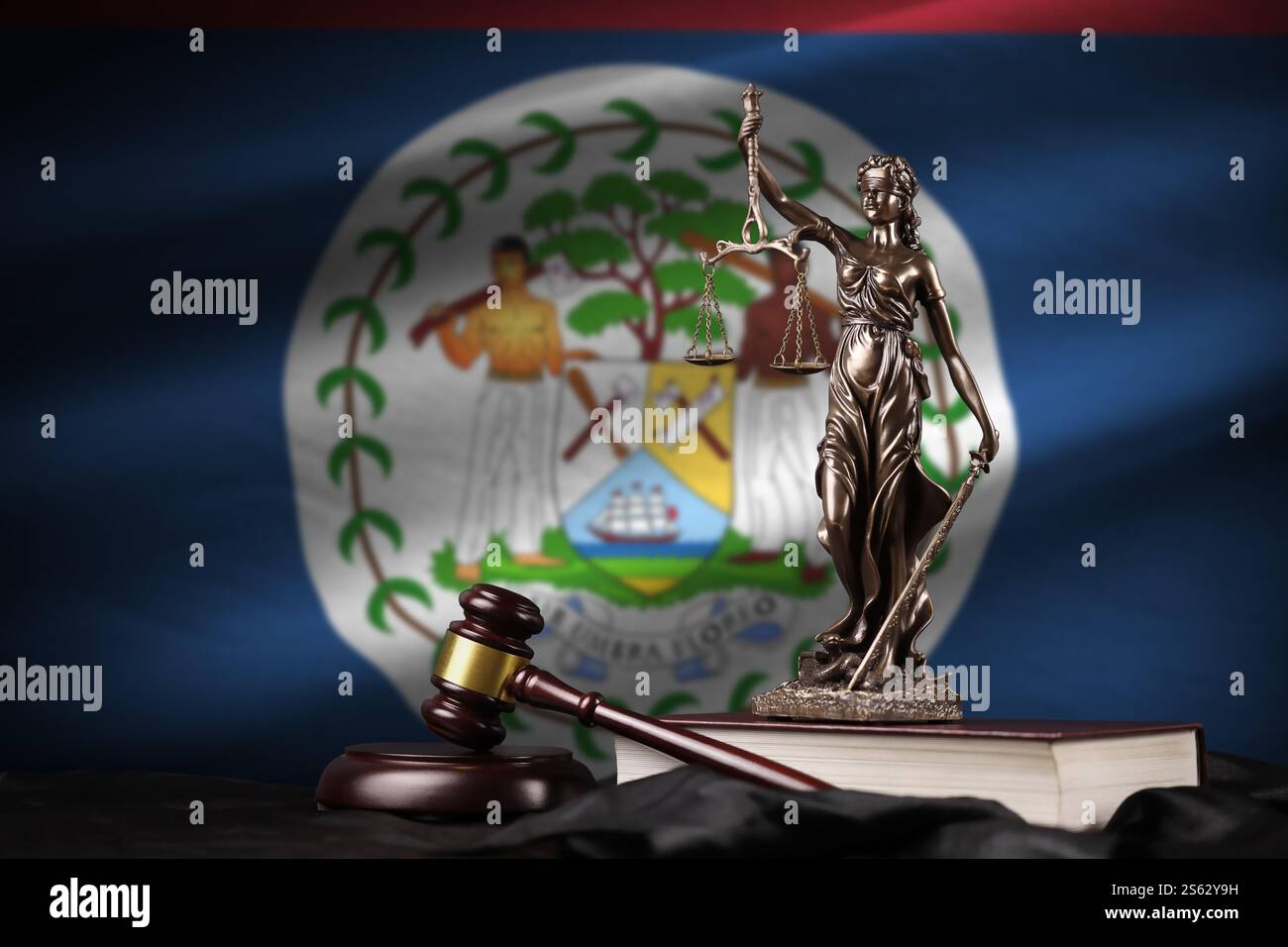 Belize flag with statue of lady justice, constitution and judge hammer ...