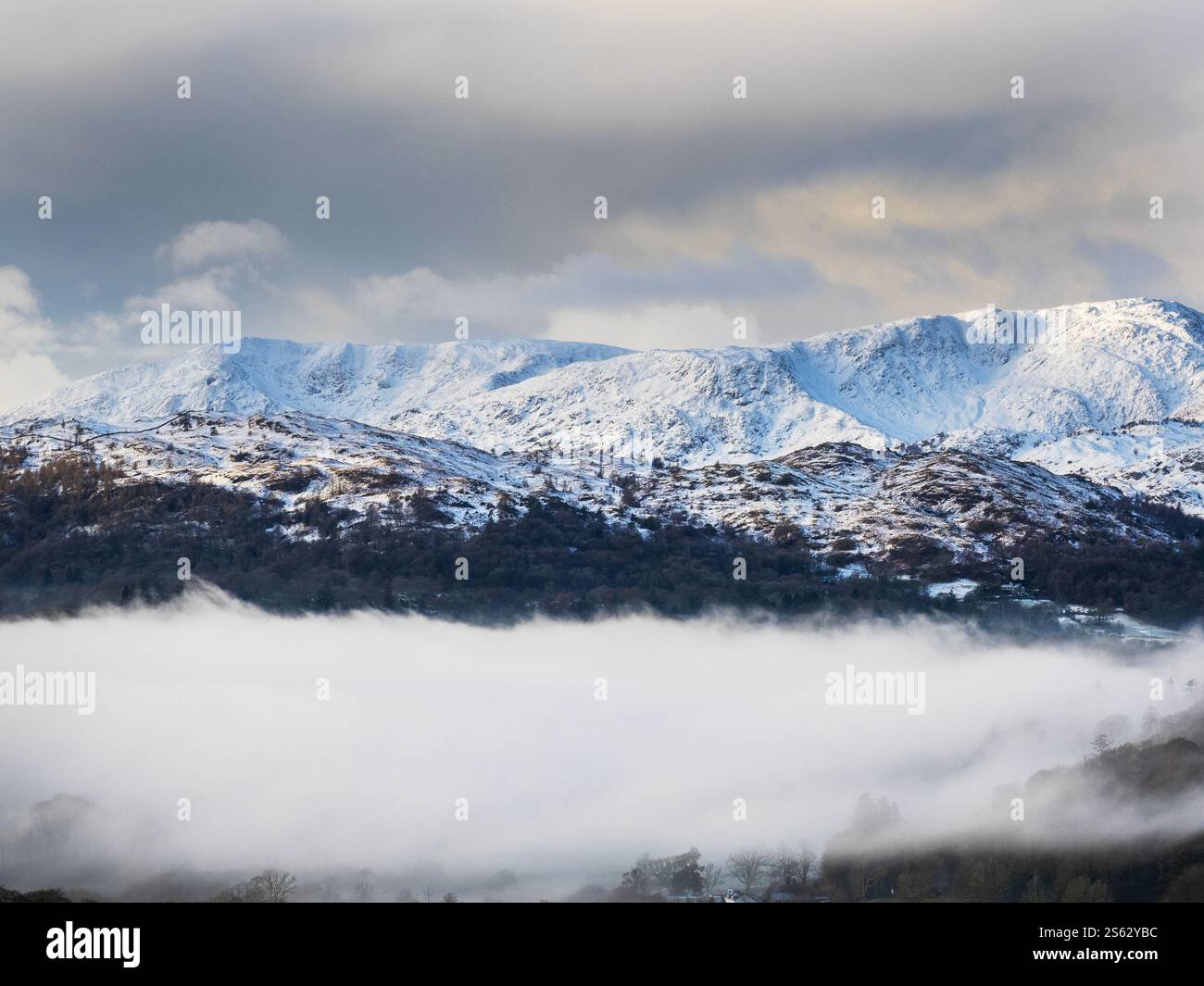 Snow on Coniston Old Man and Wetherlam from Ambleside, Lake District ...